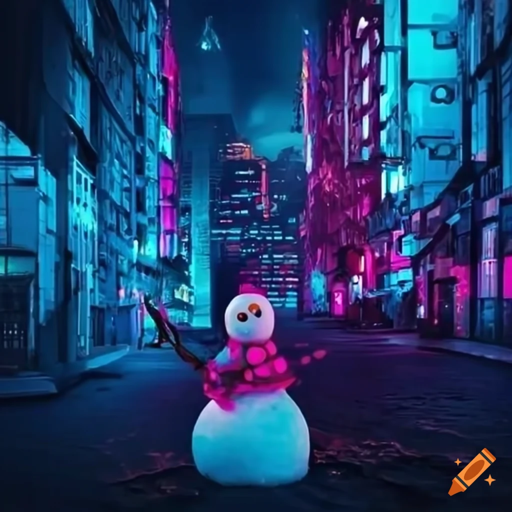 Neon cityscape with melting snowman monster
