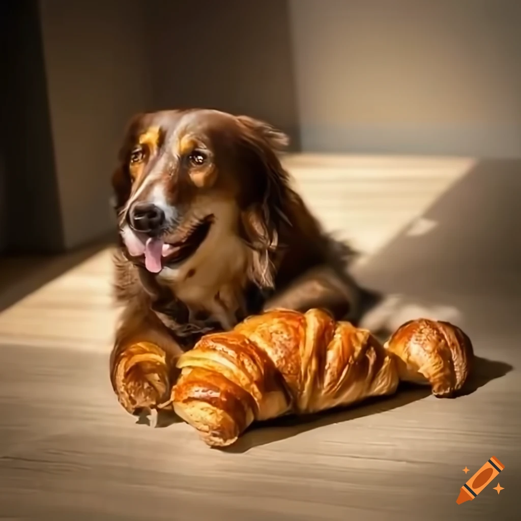 Happy dog enjoying a croissant in sunlight on Craiyon