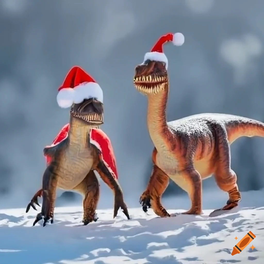 Festive dinosaurs wearing santa hats in the snow