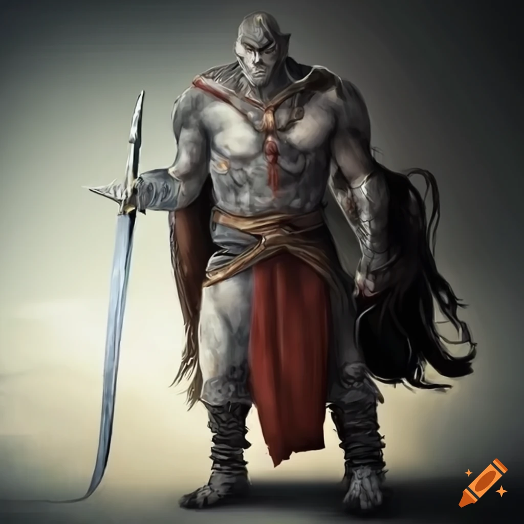 Artwork of a powerful giant warrior with swords on Craiyon