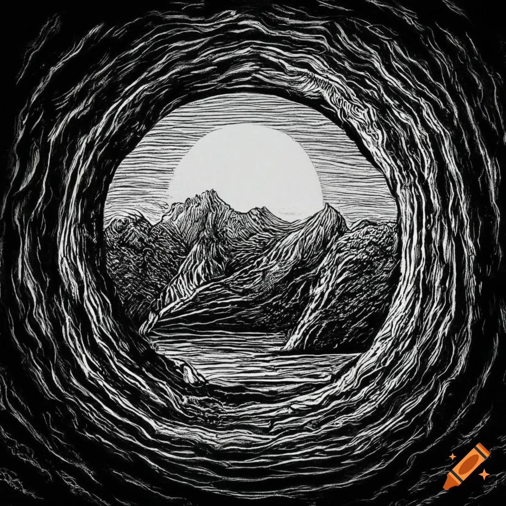 Woodcut of a circular cavernous chasm