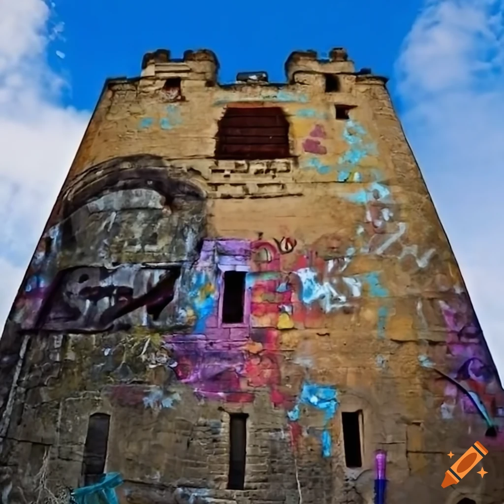 Photograph of a graffiti-covered castle tower on Craiyon