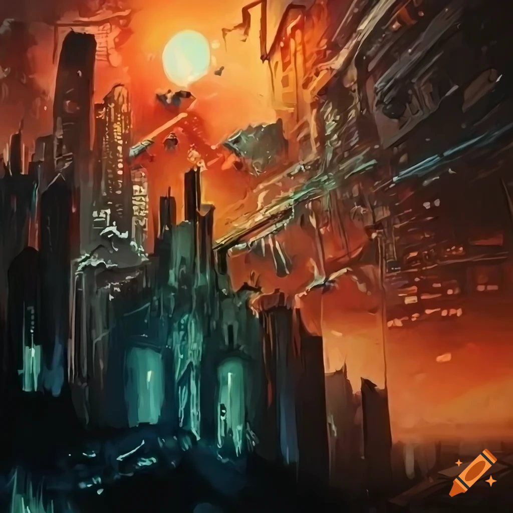 Acrylic illustration of a futuristic city under alien invasion