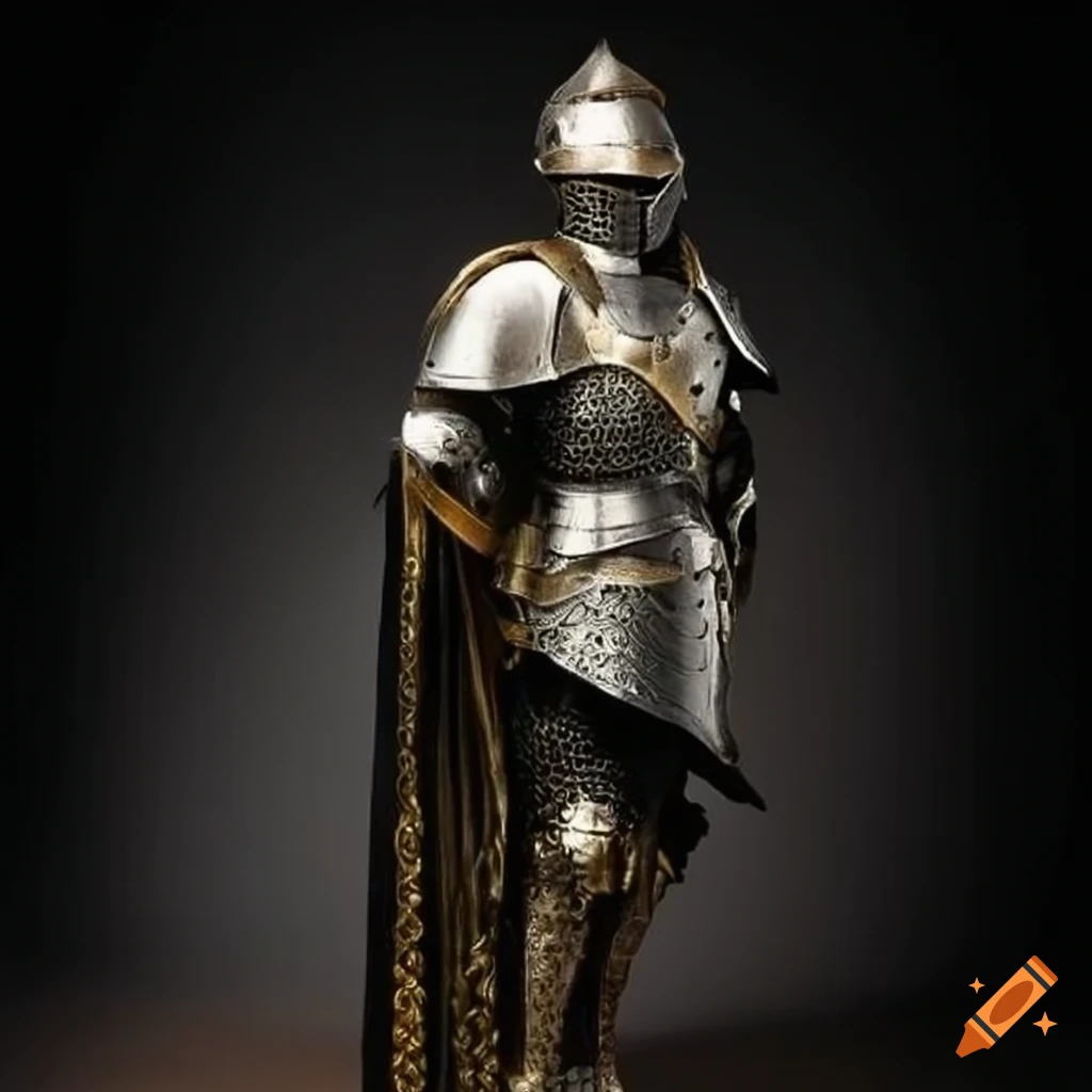 Black knight armor with golden carvings on Craiyon