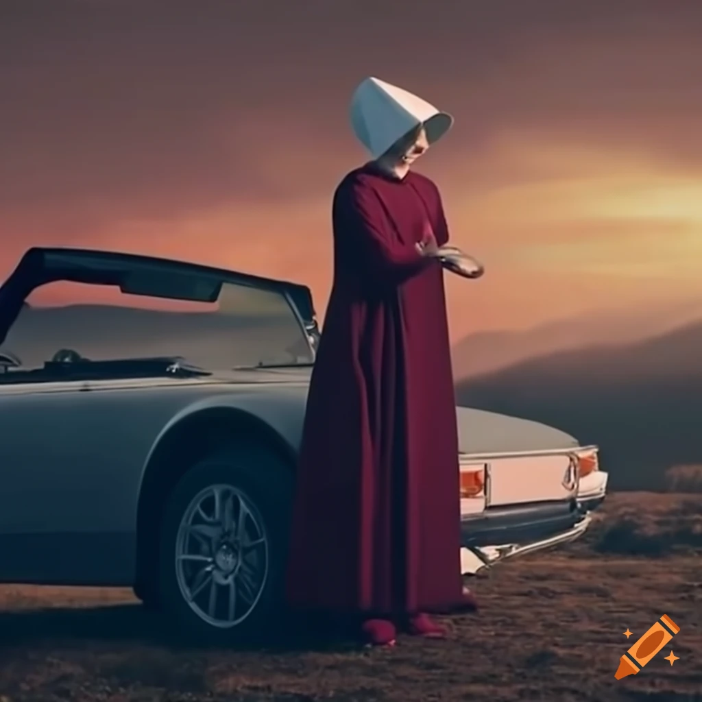 Offred from the handmaid's tale in a convertible