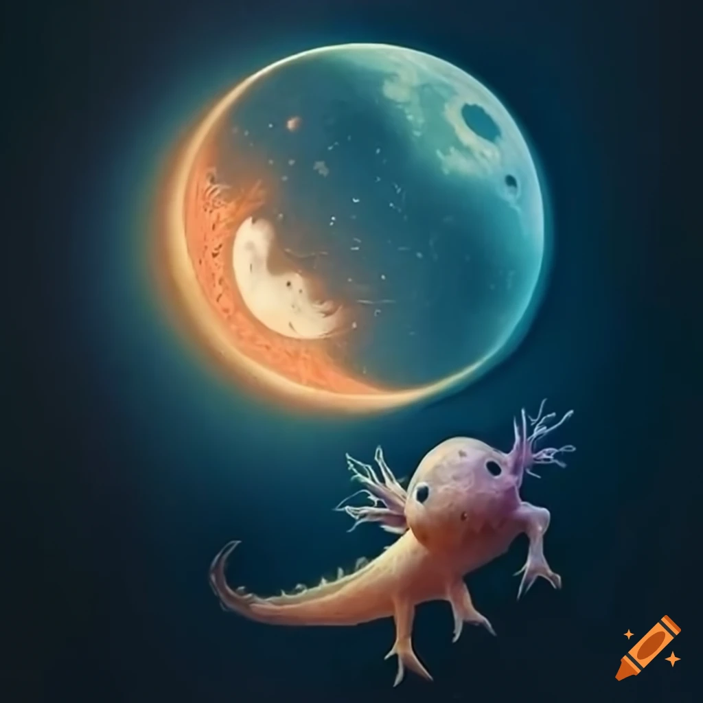 Ancient mural of an axolotl and the moon on Craiyon