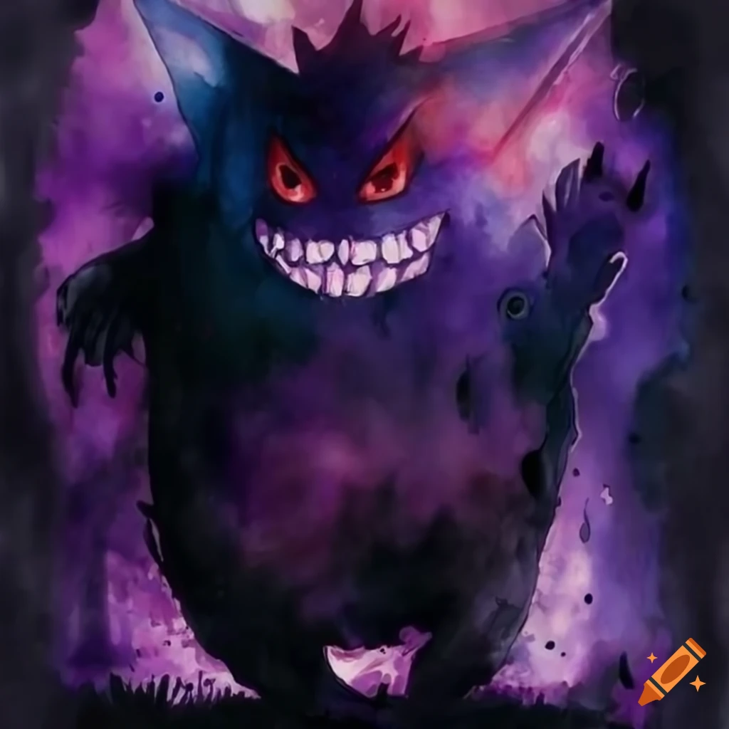 Watercolor painting of a haunting gengar in digimon style