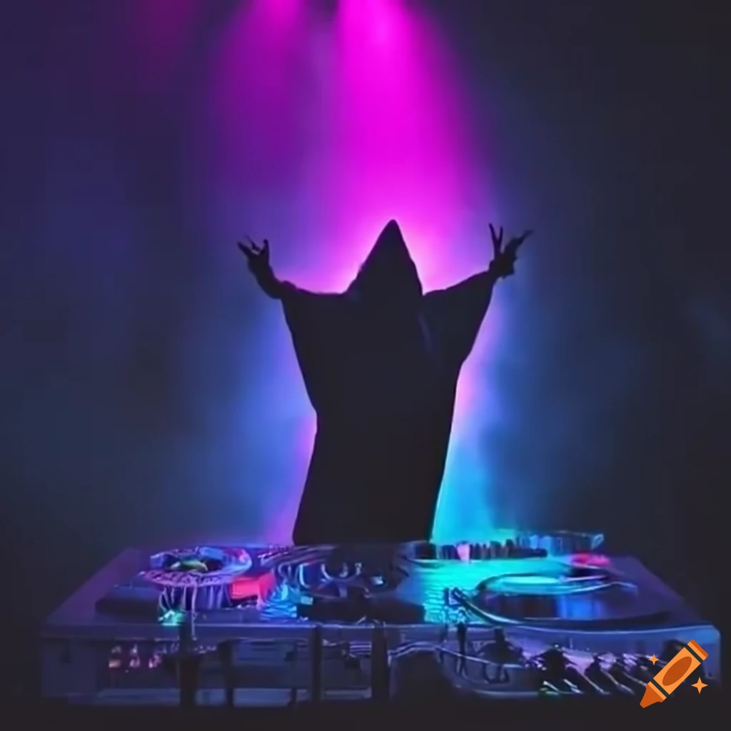Digital art of a shadow wizard dj at a rave