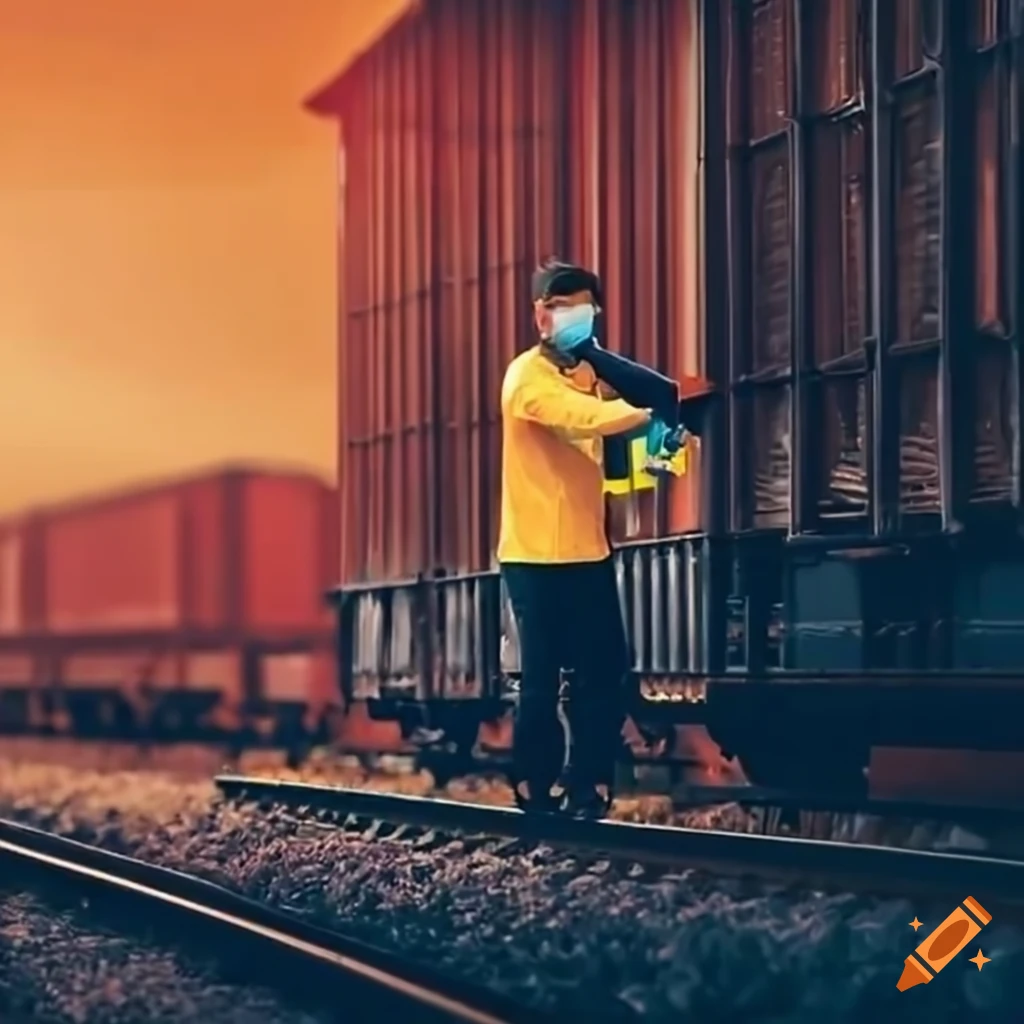 Man cleaning freight train with detergent on Craiyon