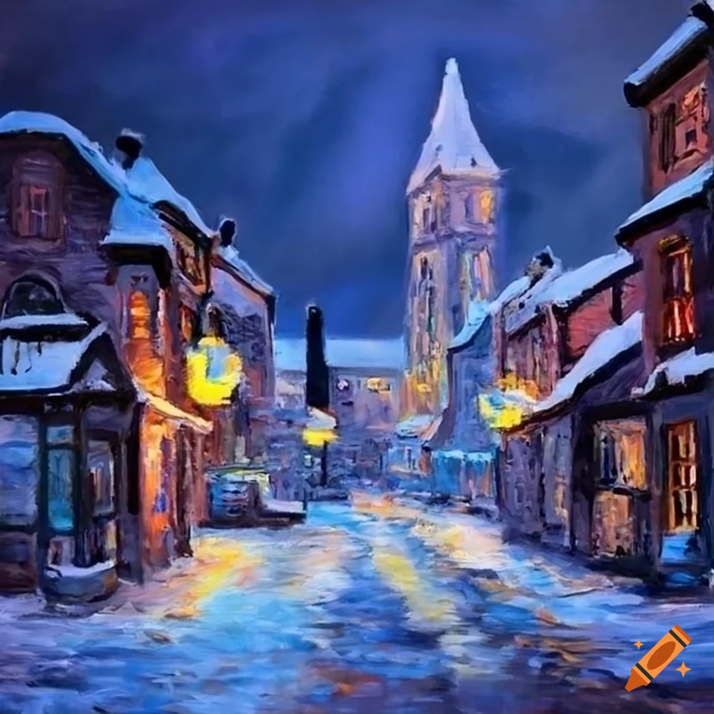 Monet-style painting of a snowy town at night