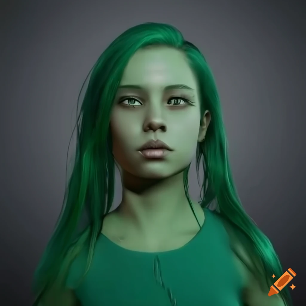 Character illustration of a light-green-skinned girl in a green dress ...