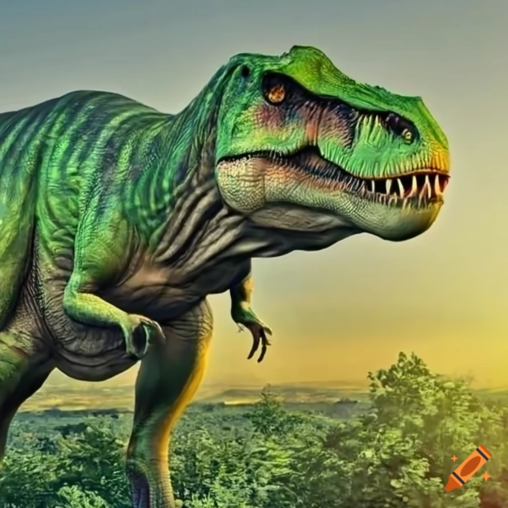 Gigantic green t-rex in tall vegetation on Craiyon