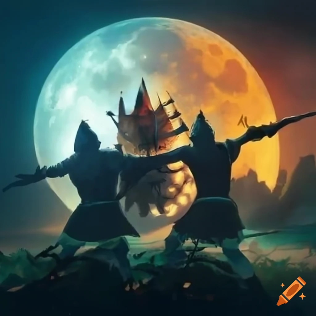 Illustration of warriors battling under sun and moon