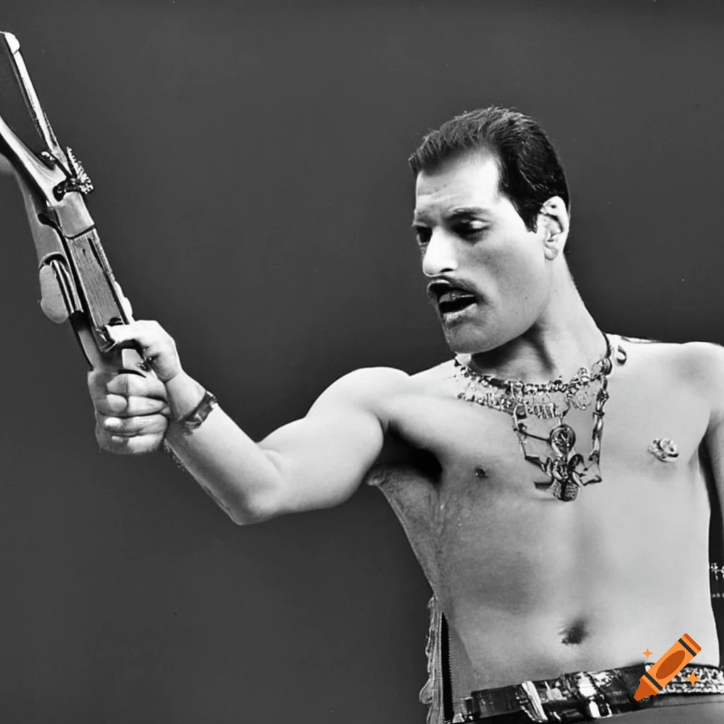 Freddie Mercury posing with a gun on Craiyon