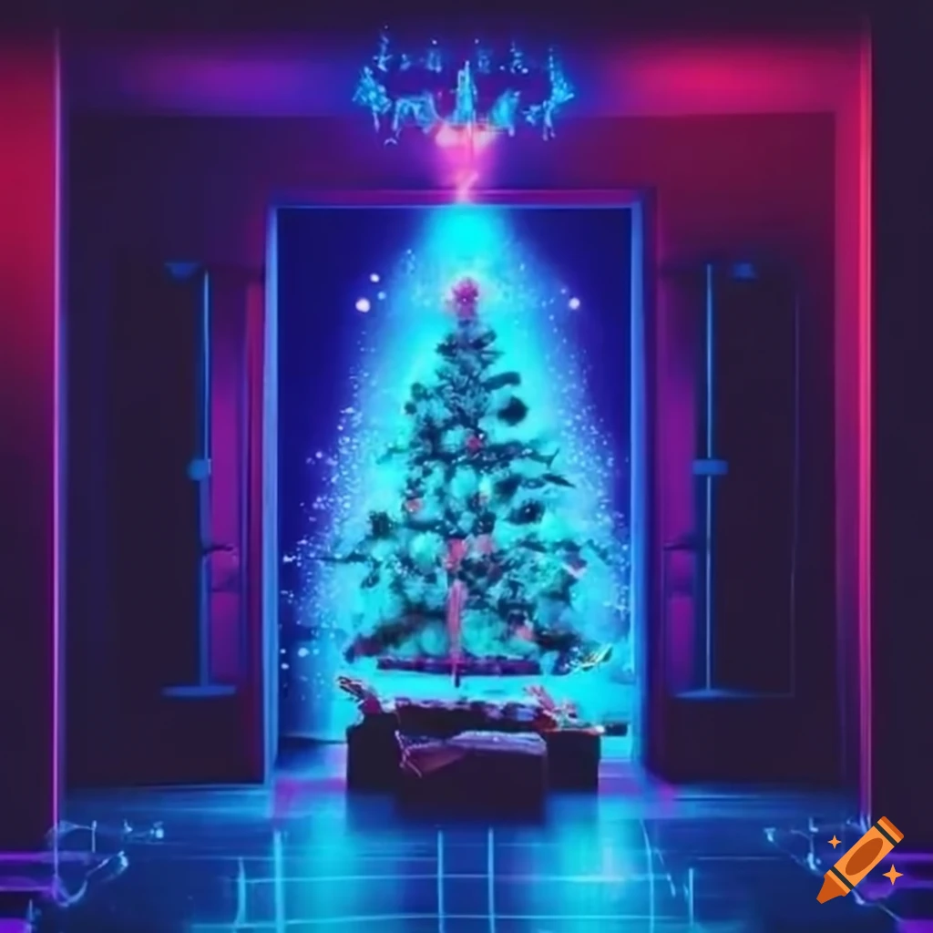 Synthwave style Christmas scene with a decorated tree and presents on ...