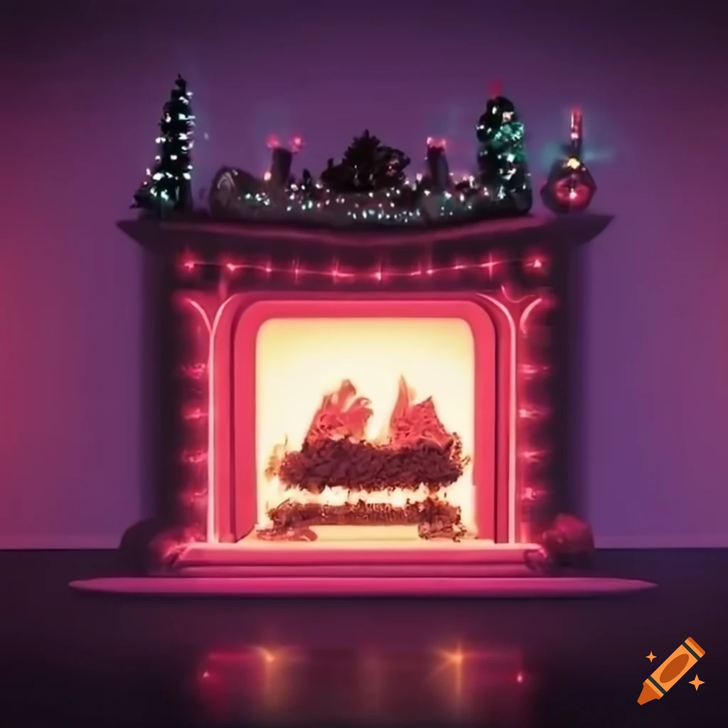 Neon synthwave christmas fireplace with stockings