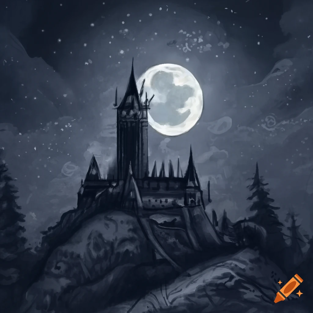 Sketch of a gothic castle under the moonlight
