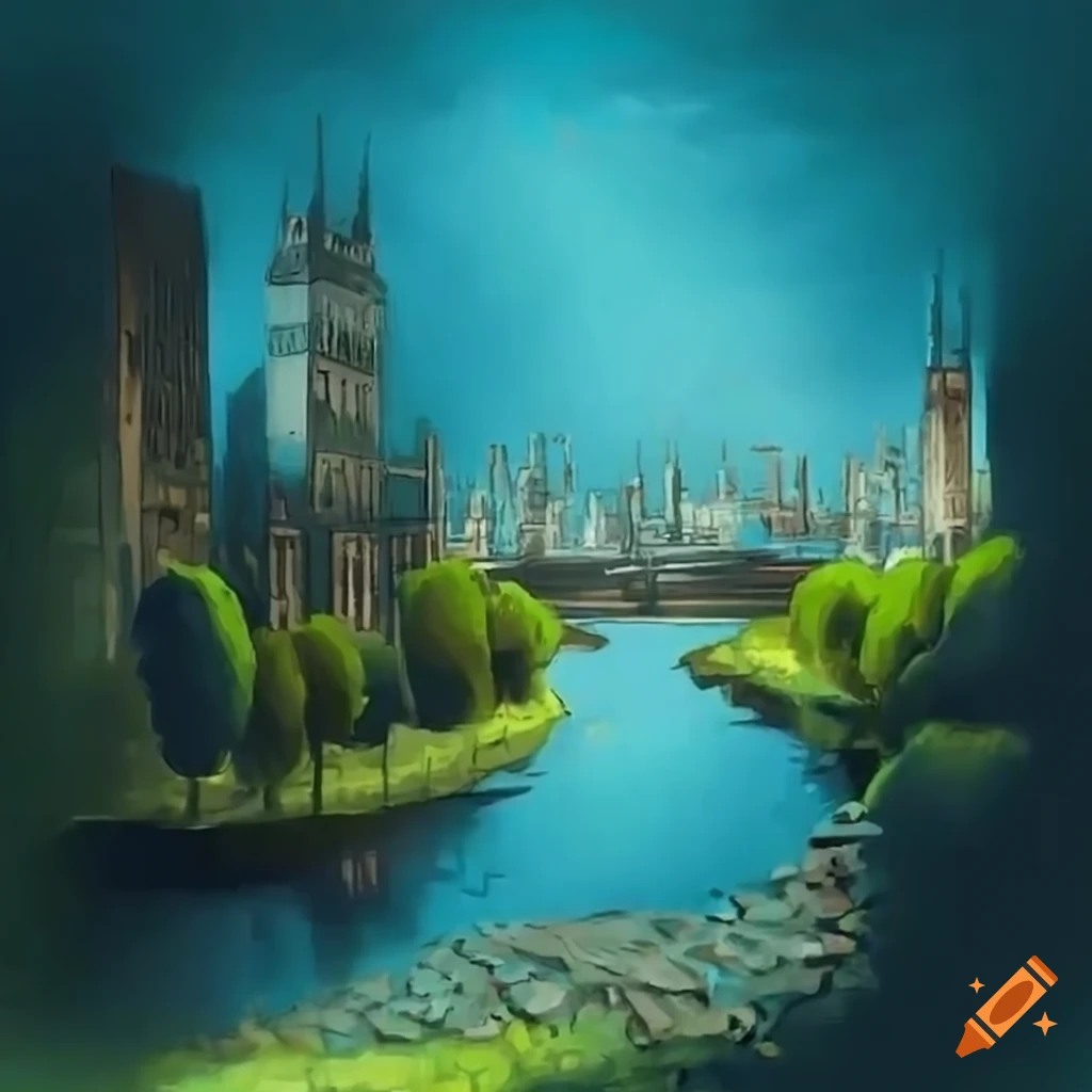 Classical city with a river and surrounding nature