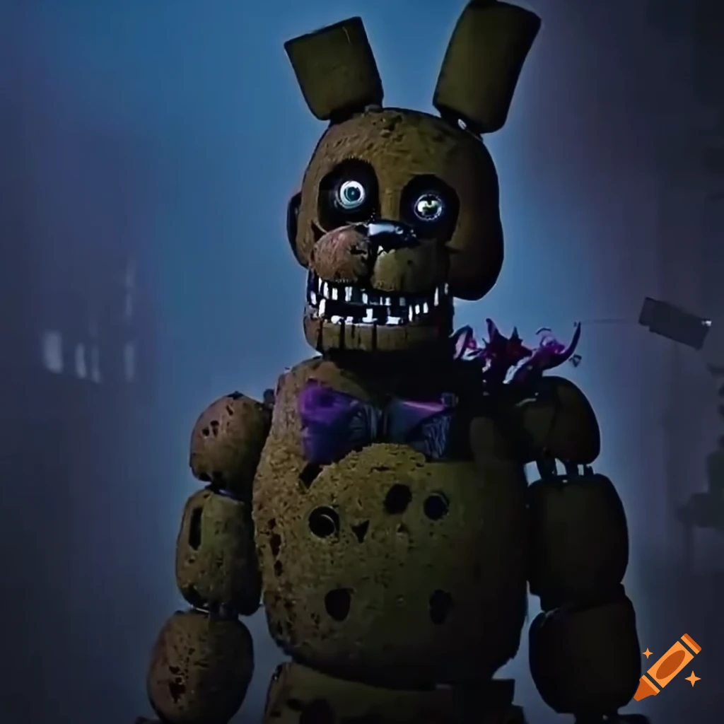 Photo realistic depiction of Springtrap in a dark restaurant on Craiyon
