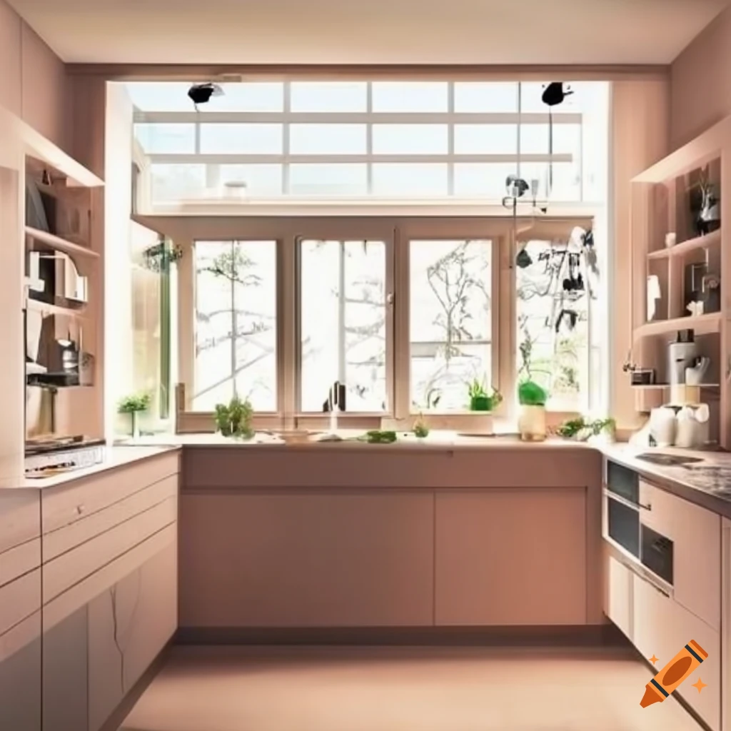 View of a kitchen with a window in front