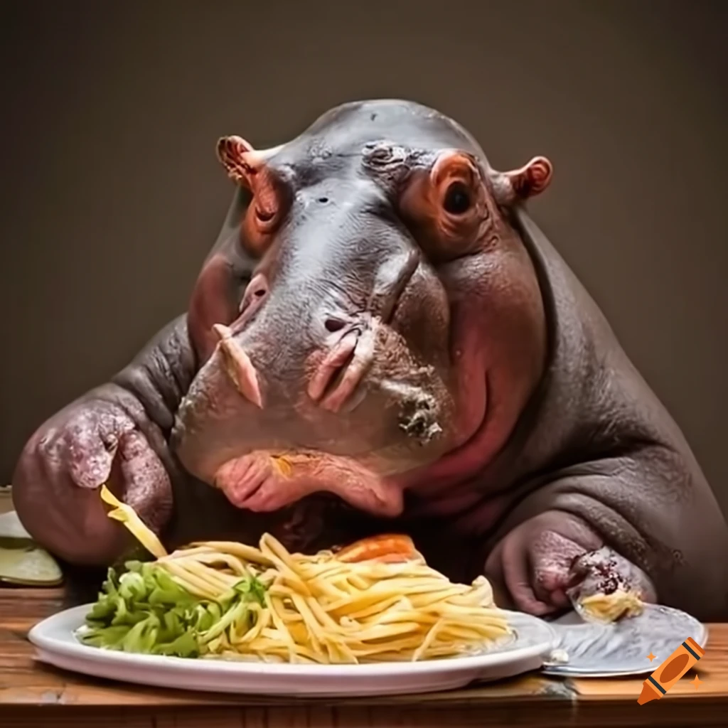 Hippo eating pasta at a table