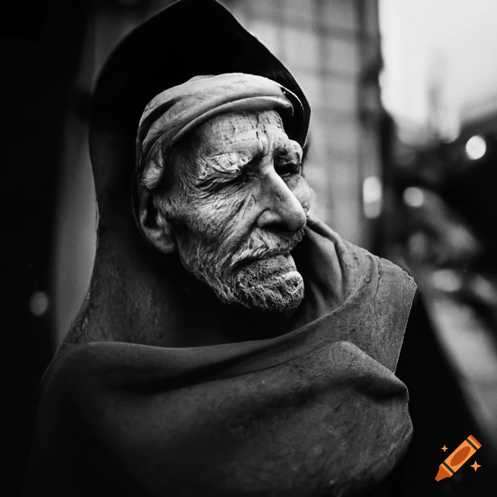 Black and white photo of a poor man in medieval paris