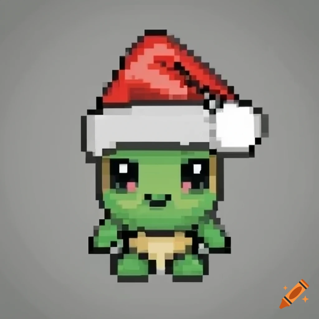 Pixel art of a turtle wearing a santa hat