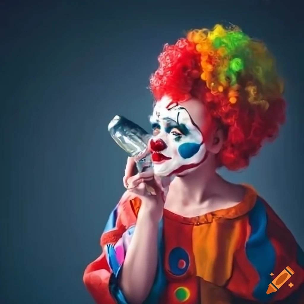 Image of a sad clown girl drinking from a bottle on Craiyon