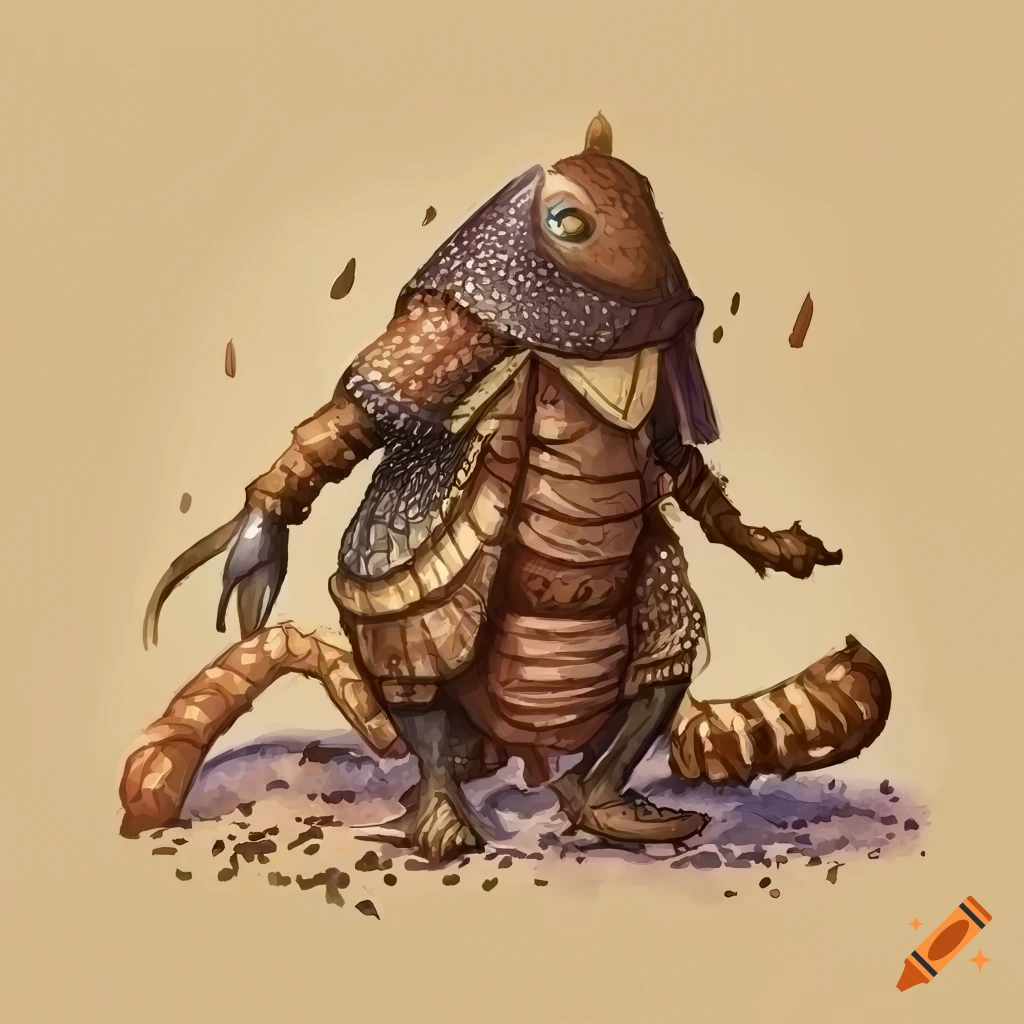 Watercolor illustration of an anthropomorphic armadillo