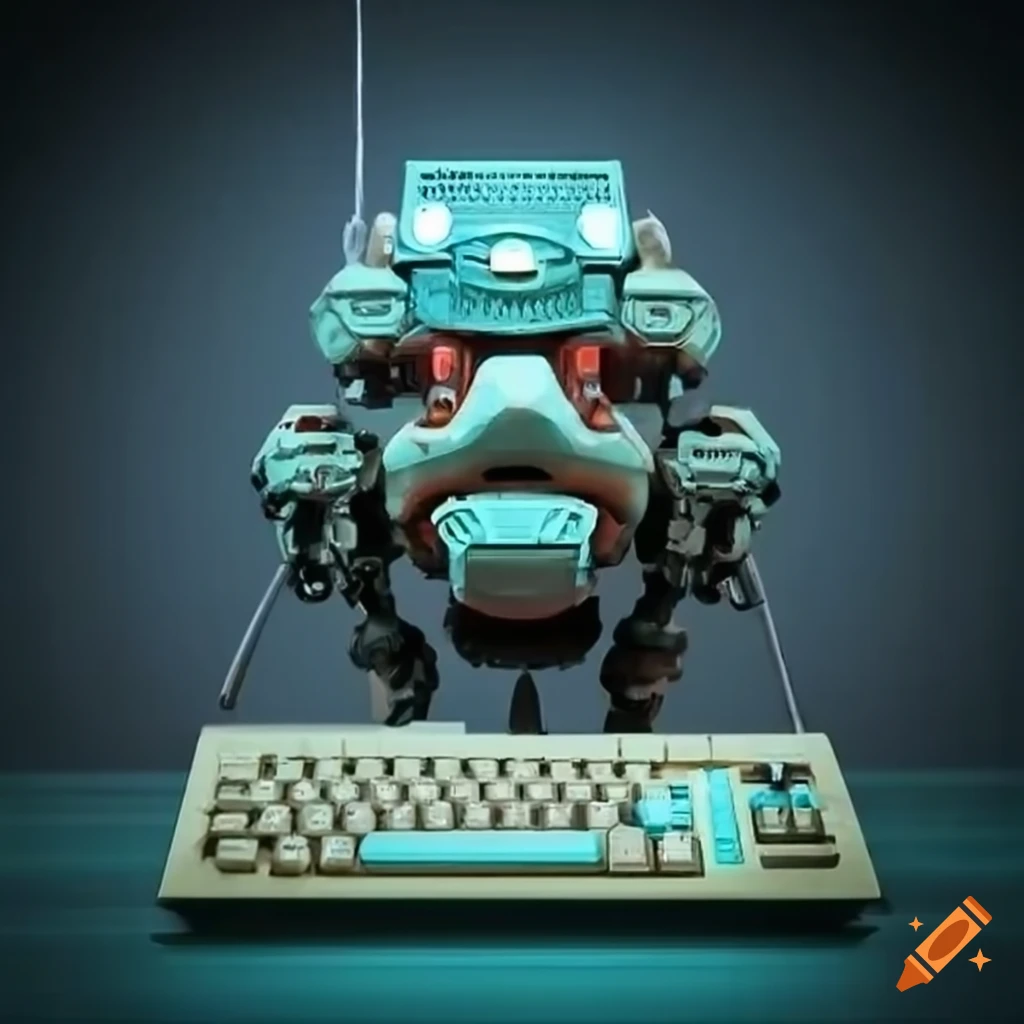 Retro gaming computer as a japanese mech with a mustache