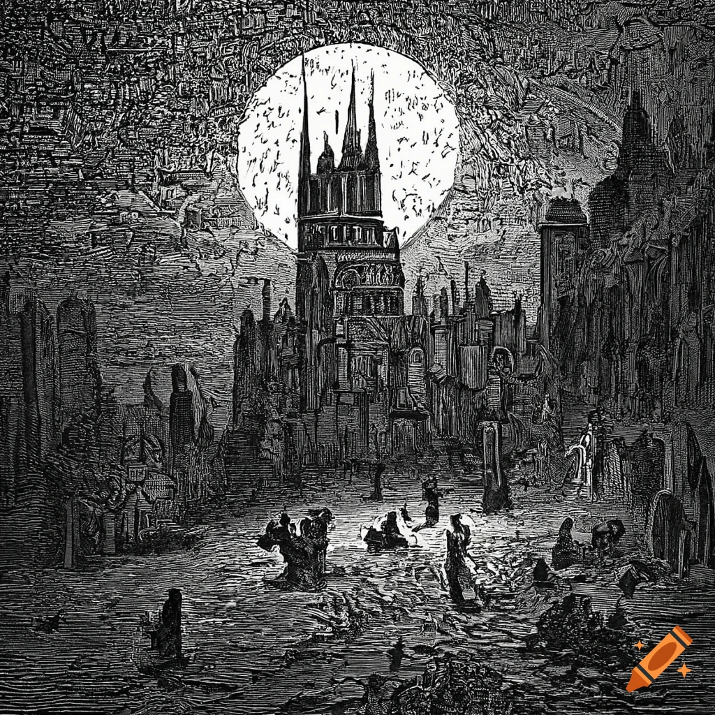 Engraving of a medieval city in gustave dore style