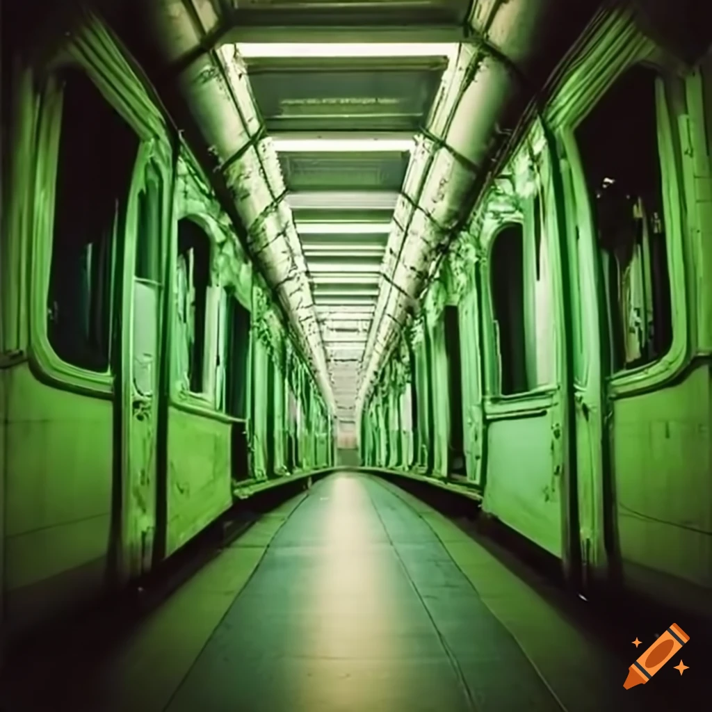 Green empty subway interior