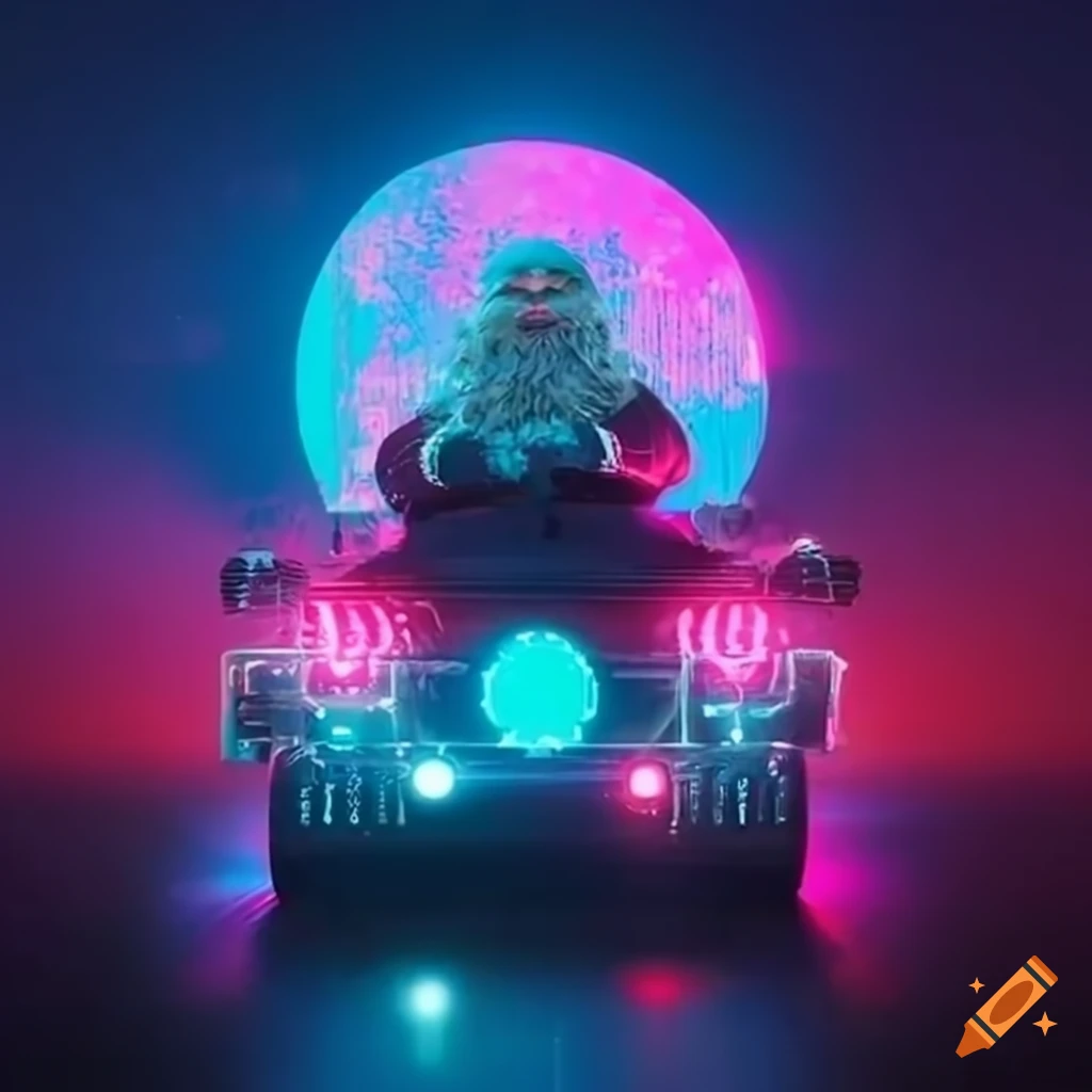 Cyberpunk santa claus driving into neon sunset on Craiyon