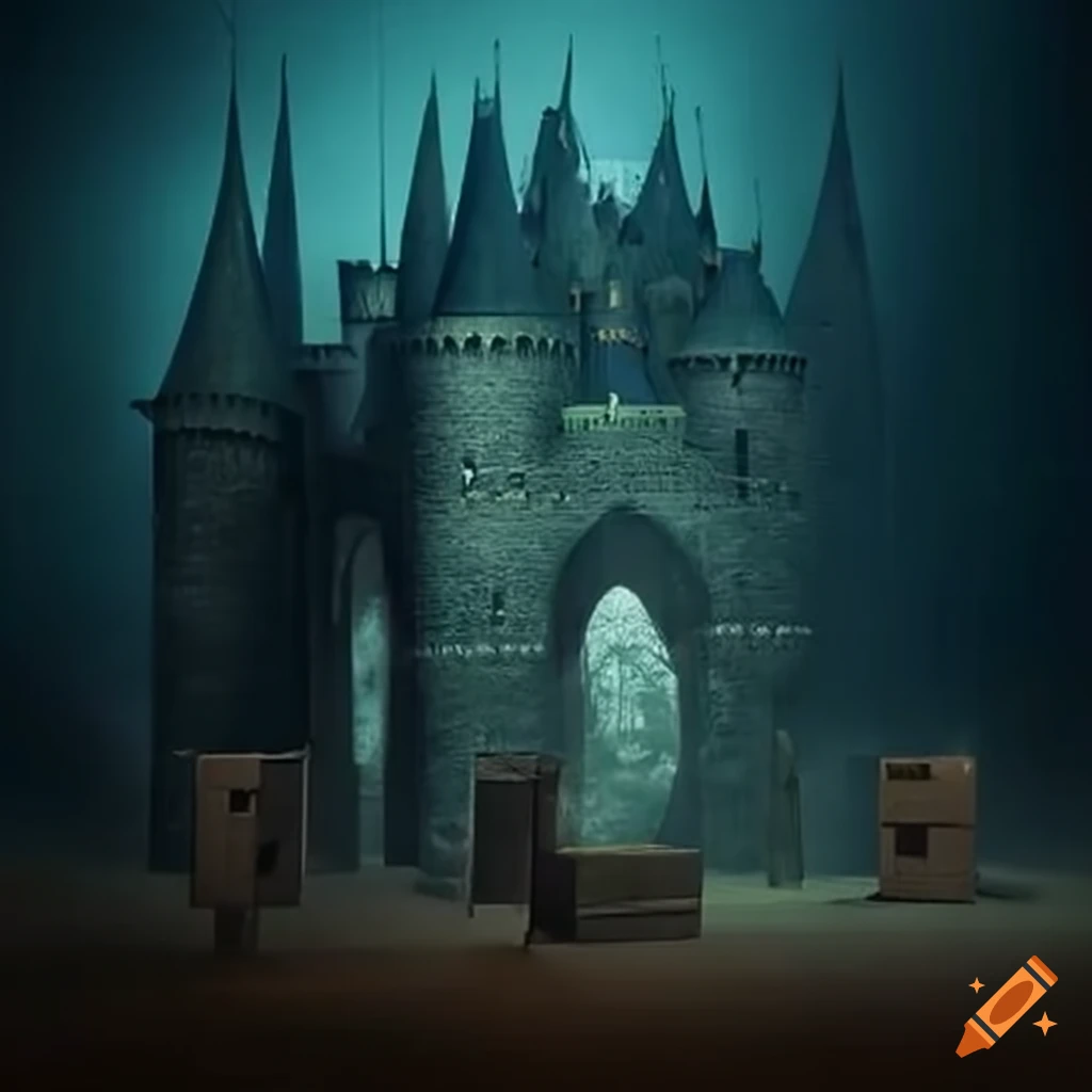 Men moving boxes out of a fantasy castle