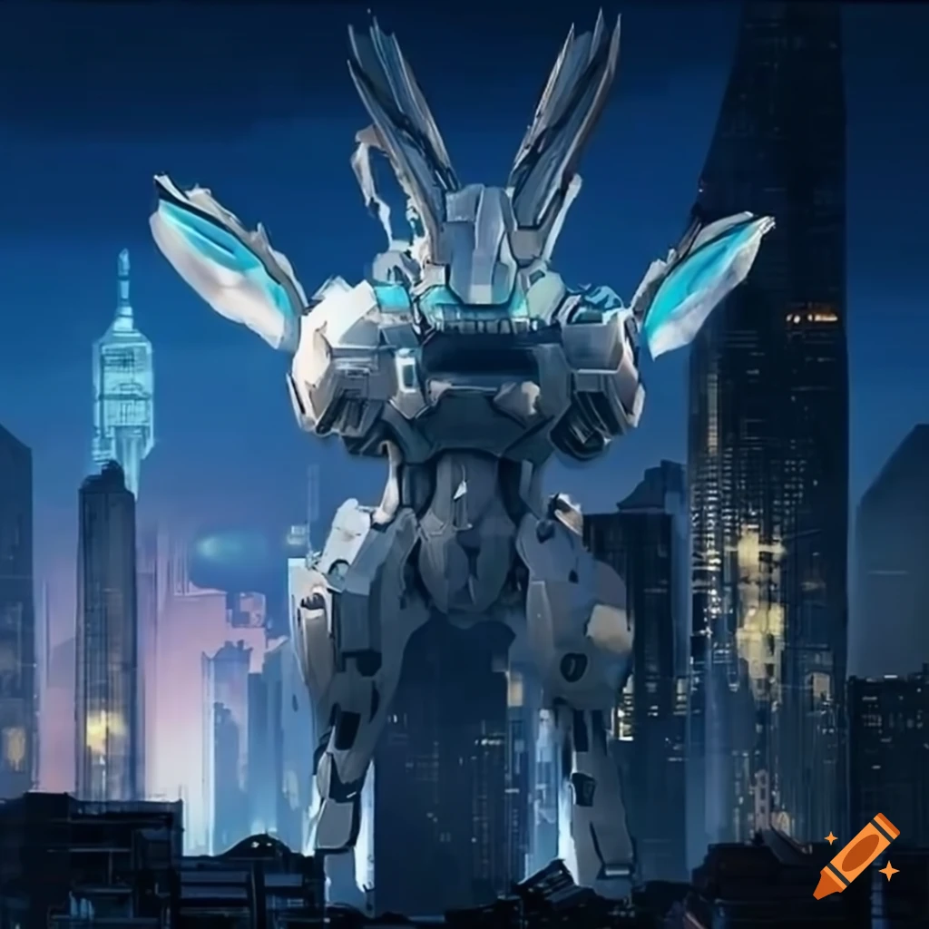 Sci-fi cityscape with a white rabbit mecha on Craiyon