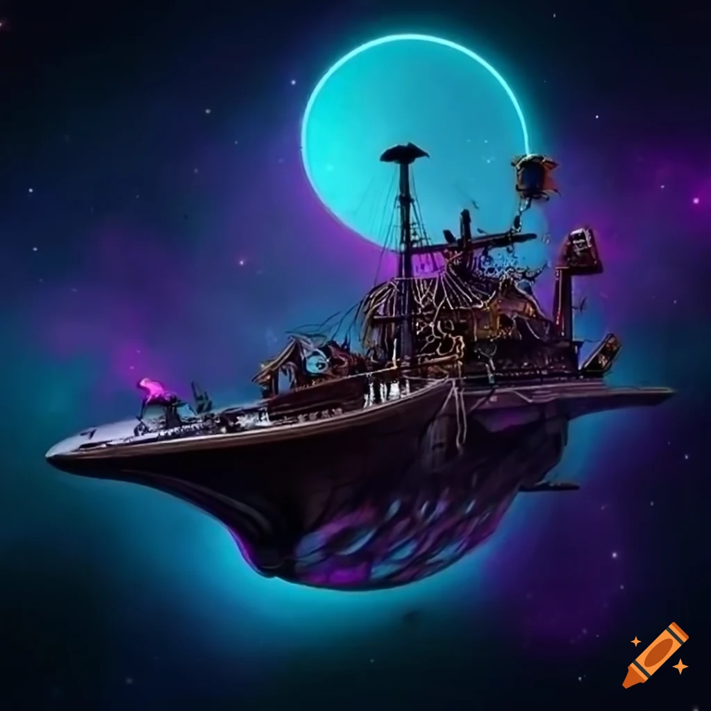 Steampunk pirate-ship in cosmic synthwave space