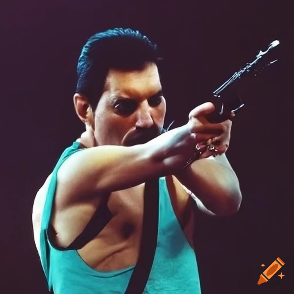Freddie mercury posing with a gun