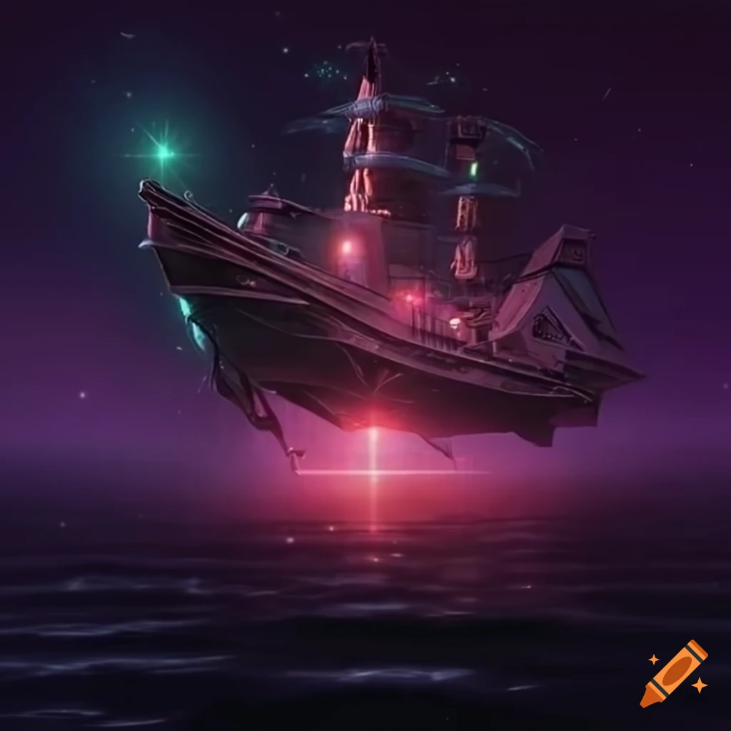 Synthwave pirate-ship in cosmic outer-space