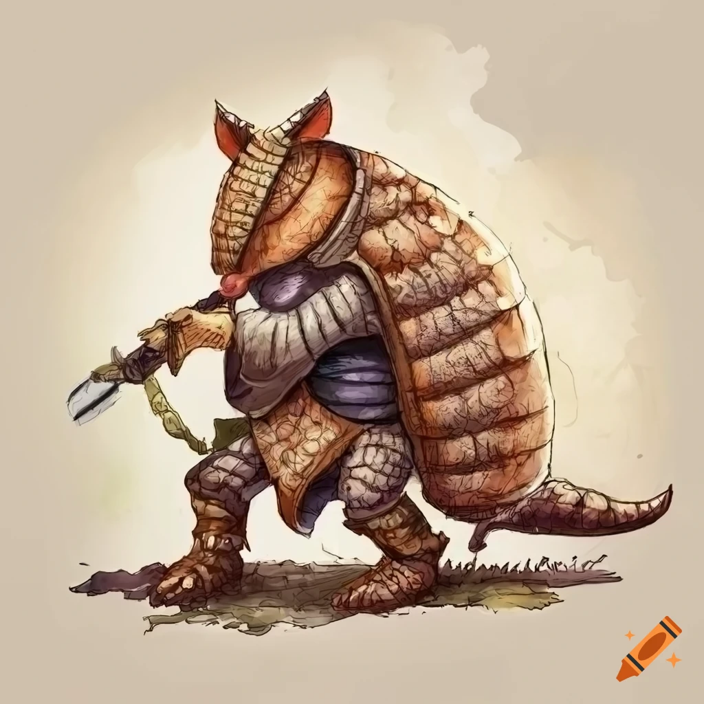 Watercolor illustration of an anthropomorphic armadillo