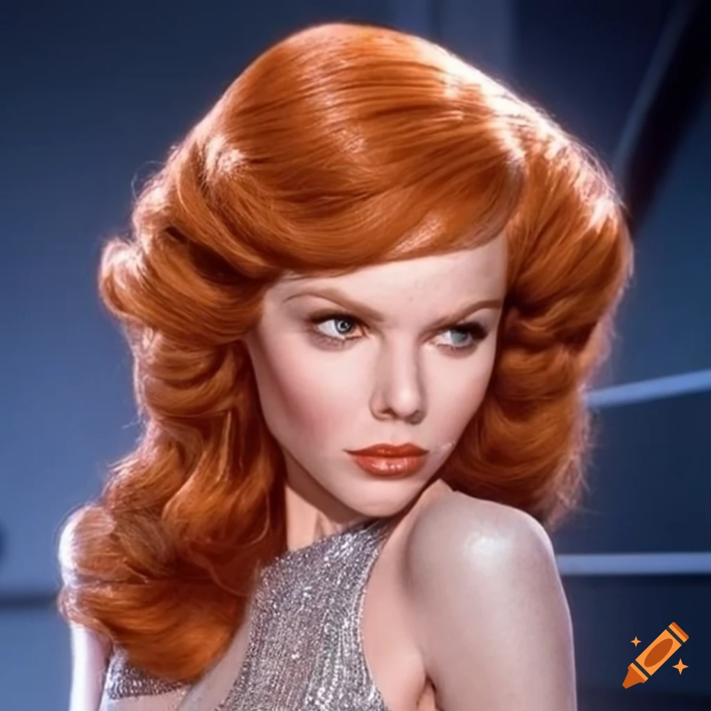 Ginger-haired female in a silver dress from star trek
