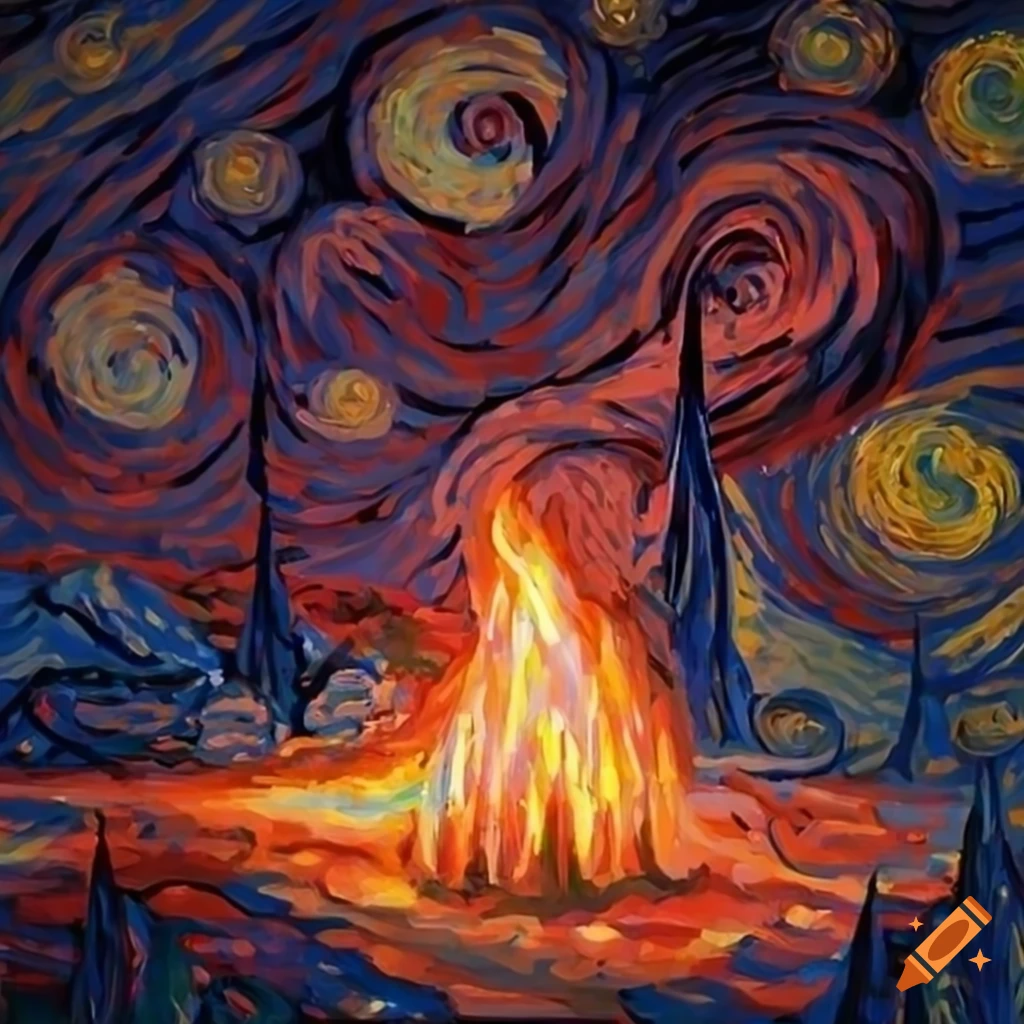 Surreal painting of the starry night on fire