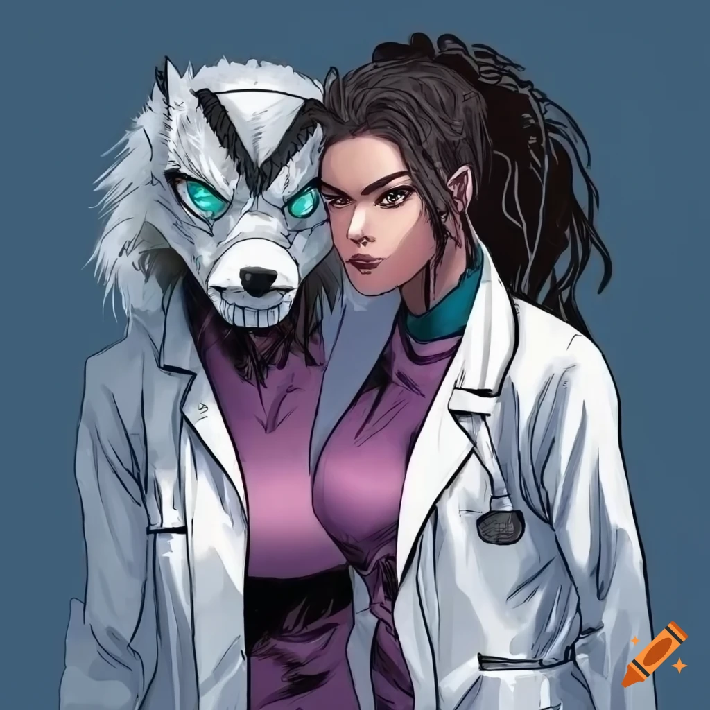 Comic-style depiction of a woman in a lab coat and another wearing a wolf helmet on Craiyon