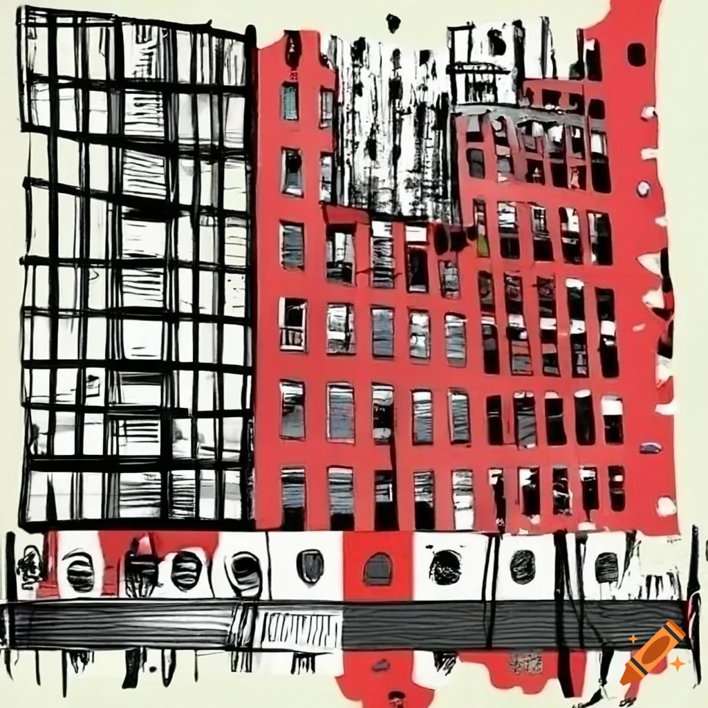 Weird red and black collage of buildings