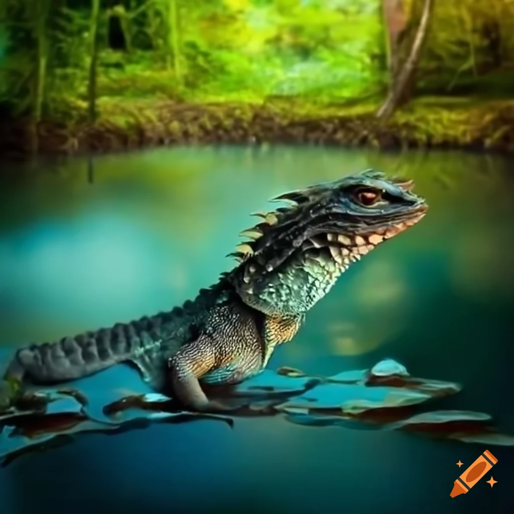 Image of a majestic water dragon swimming in a pond