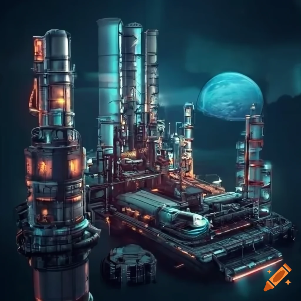 Scifi space refinery complex with pipes on Craiyon