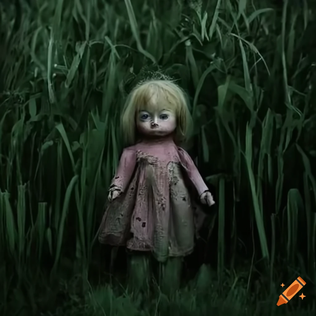 Creepy doll hidden in an abandoned field
