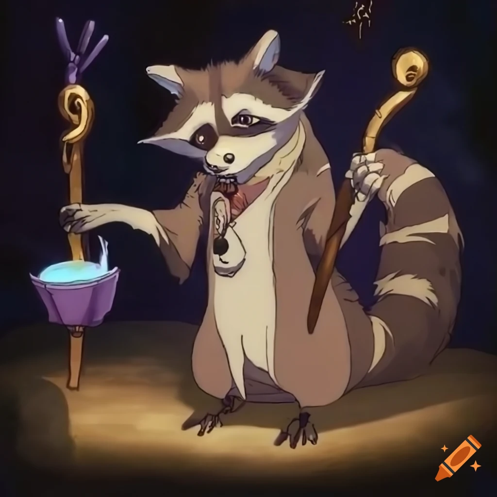 Anime cel-style artwork of a raccoon wizard casting a spell