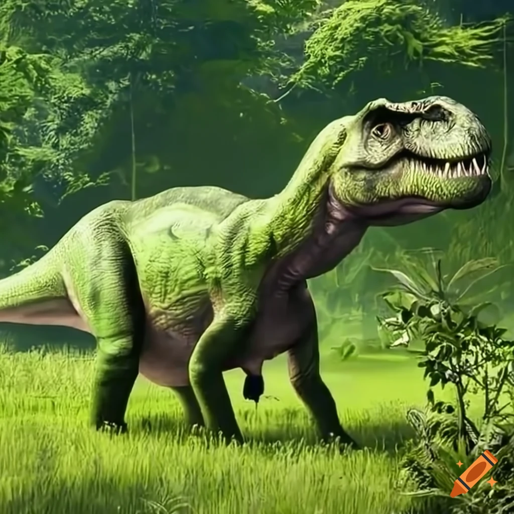 Hidden t-rex in lush green vegetation