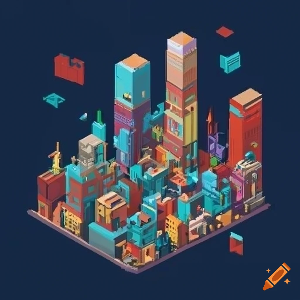 Isometric pixel art of a cityscape