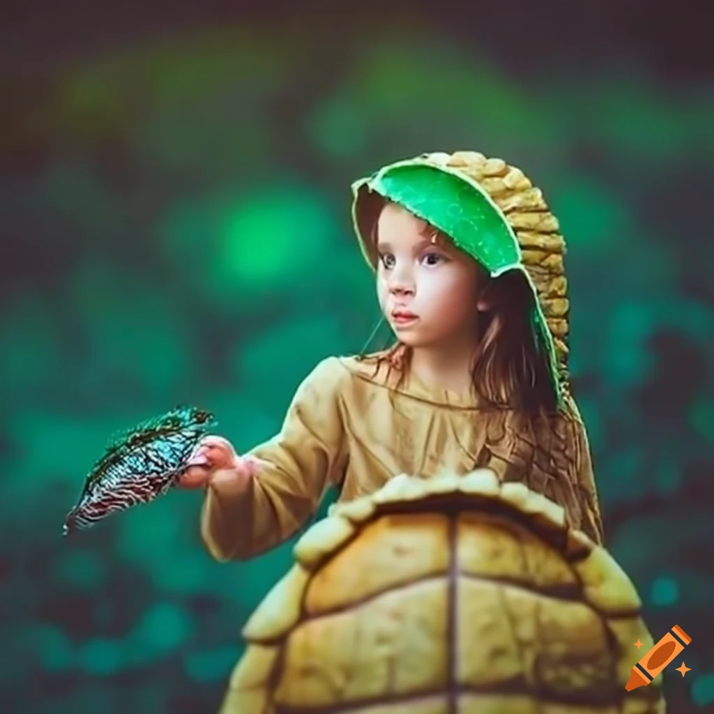 Young girl in a giant turtle costume